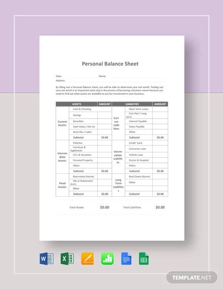 Simple Personal Balance Sheet Example