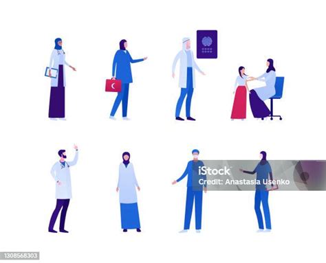 무슬림 의사 수집 벡터 플랫 피플 캐릭터 일러스트레이션 남성과 여성 의료진 팀 간호사 Sugreon 구급대 소아과 의사 방사선 전문의 건강 관리 및 의학을 위한 디자인 요소