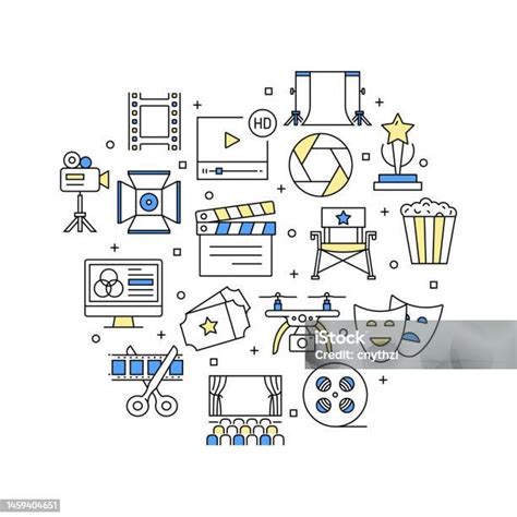 시네마 및 영화 관련 벡터 배너 디자인 컨셉 아이콘이 있는 모던 라인 스타일 스케치에 대한 스톡 벡터 아트 및 기타 이미지 스케치 아이콘 영화 산업 Istock