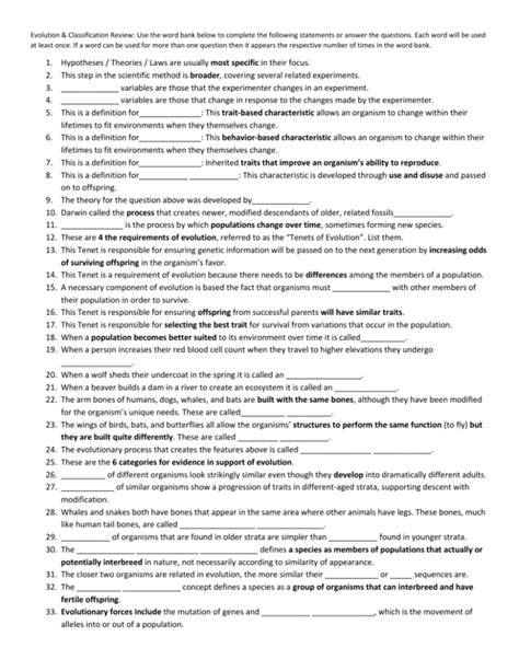 Evolution And Classification Review Worksheet