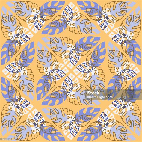 열대 정글 이음새가 없는 무늬 몬스터 야자수 잎 노란 자주색 색깔 벡터 일러스트 레이 션 0명에 대한 스톡 벡터 아트 및 기타