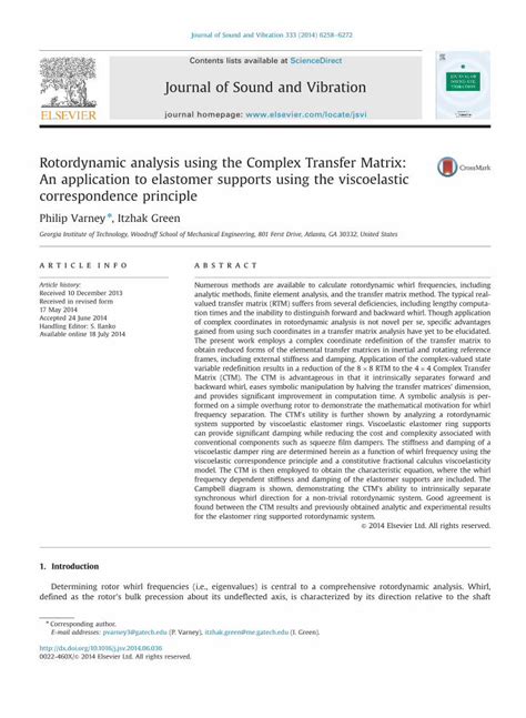 Pdf Rotordynamic Analysis Using The Complex Transfer Matrix An Application To Elastomer