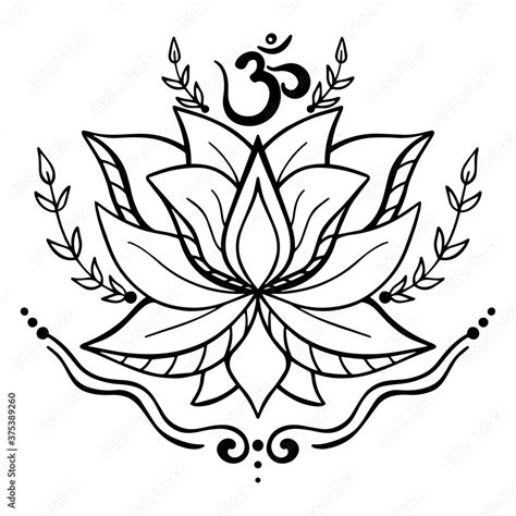Vector Black And White Illustration Of Lotus Flower And Om Ohm Aum