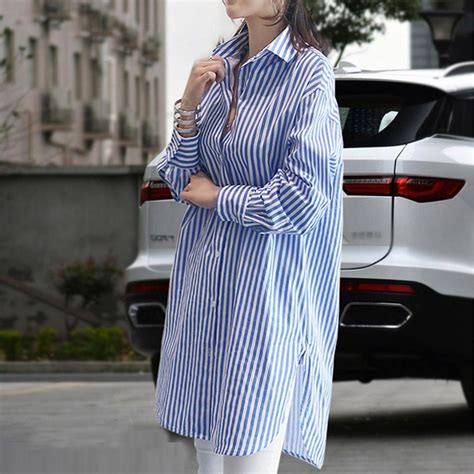 여성 폴리 블루 세로 스트라이프 롱셔츠 블라우스 홈플러스 익스프레스