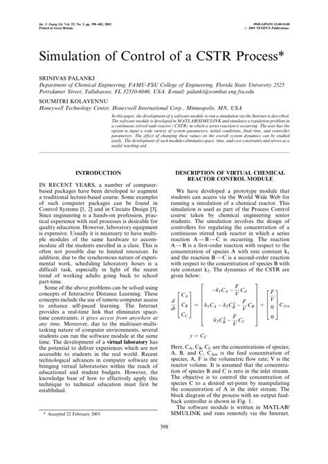 Pdf Simulation Of Control Of A Cstr Process