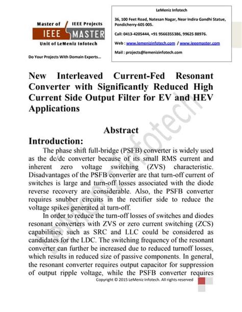New Interleaved Current Fed Resonant Converter With Significantly Reduced High Current Side