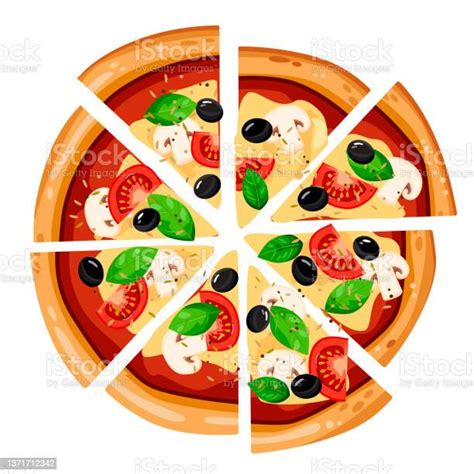토마토 치즈 올리브 소시지 버섯 바질로 신선한 피자를 슬라이스합니다 전통적인 이탈리아 패스트 푸드 벡터 그림입니다 디자인에 대한 스톡 벡터 아트 및 기타 이미지 Istock
