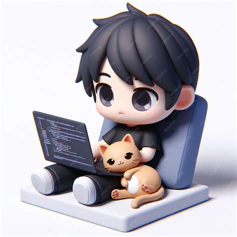 Premium Photo Cute 3d Style Chibi Programmer With A Cat Curled Up On