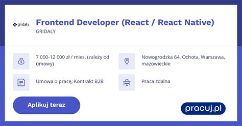 Oferta Pracy Frontend Developer React React Native Gridaly Warszawa