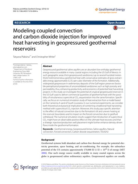 Pdf Modeling Coupled Convection And Carbon Dioxide Injection For Improved Heat Harvesting In