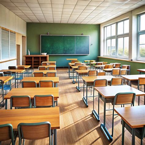 Empty Classroom With Rows Of Desks And Chairs A Green Chalkboard And