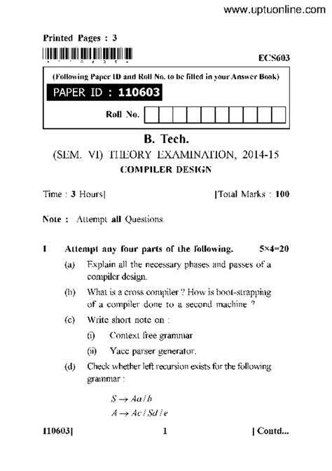 Btech Cs 6 Sem Compiler Design Ecs 603 2015 Compiler Design
