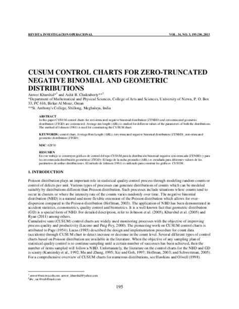 Pdf Cusum Control Charts For Zero Truncated Negative Binomial And