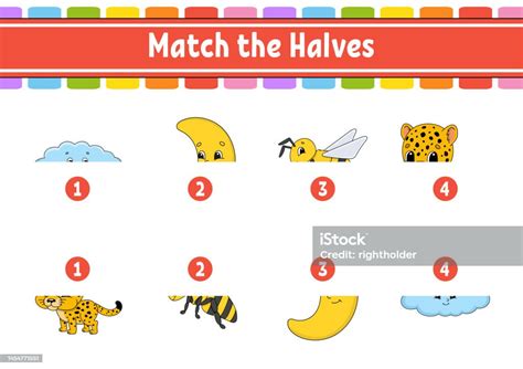 반쪽을 맞추십시오 교육 개발 워크 시트 아이들을위한 매칭 게임 색상 활동 페이지 아이들을위한 수수께끼 귀여운 캐릭터 벡터 일러스트레이션 만화 스타일 0명에 대한 스톡 벡터