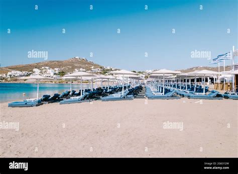 Ornos Beach Mykonos Island Famous Ornos Beach Organized With Sun Beds