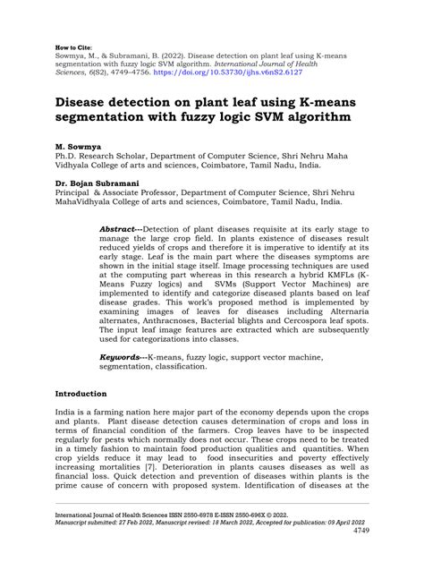 Pdf Disease Detection On Plant Leaf Using K Means Segmentation With Fuzzy Logic Svm Algorithm