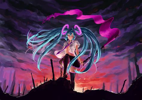 Breasts Cleavage Hatsune Miku Headphones Long Hair No Bra Omaru Open Shirt Thighhighs Twintails