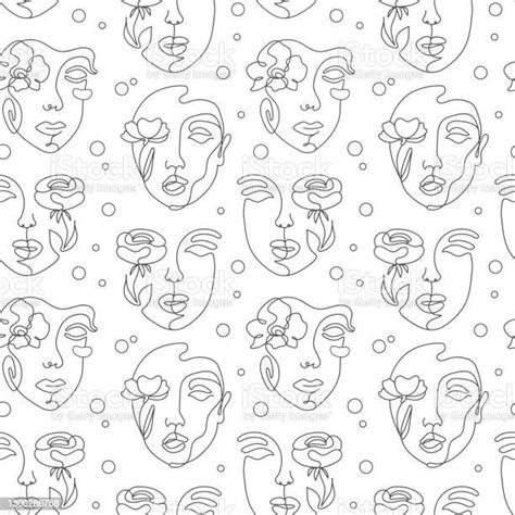 라인 아트 매끄러운 패턴을 직면합니다 손으로 그린 추상적인 여자는 라인 아트 스타일로 얼굴 한 줄 아트 추상적 인 얼굴 그림 손으로 그린 윤곽선 원활한 패턴 연속 라인 섬유