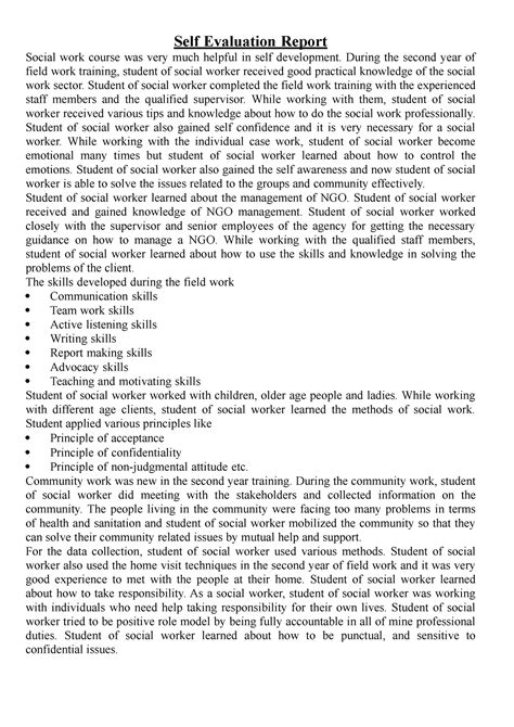 Self Evaluation Report Self Evaluation Report Social Work Course Was Very Much Helpful In Self
