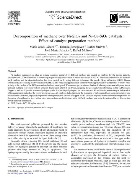 pdf decomposition of methane over ni sio2 and ni cu sio2 catalysts