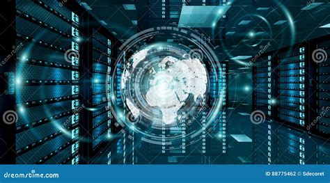 Graph Holograms Flying Over Server Room Data Center 3d Rendering Stock