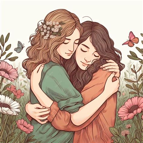 Dos Chicas Abrazadas En Un Campo De Flores Vector Premium