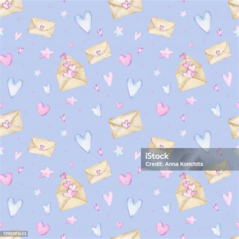 분홍색과 파란색 하트가있는 빈티지 갈색 봉투 수채화 발렌타인 데이 편지 배경 원활한 패턴 0명에 대한 스톡 벡터 아트 및 기타 이미지 Istock