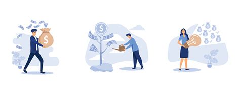 플랫 젊은 웃는 사업가가 전체 돈 가방을 들고 있고 사업가는 돈 나무에 물을 주고 에너지와 돈 개념을 절약하고 평면 벡터 현대 삽화를 설정합니다 개념에 대한 스톡 벡터 아트