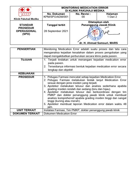 Spo Monitoring Medication Error Klinik Pakuhaji Medika Pdf