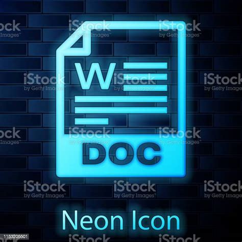 빛나는 네온 Doc 파일 문서 아이콘입니다 문서 버튼 아이콘 벽돌 벽 배경에 고립 다운로드 Doc 파일 확장자 기호입니다 벡터