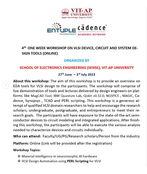 4th one week workshop on vlsi device circuit and system design tools