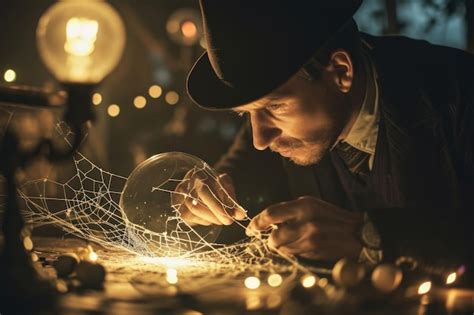 a detective examining a web of interconnected clues representing the