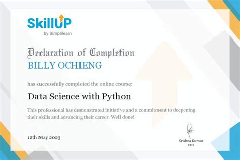 Billy Ochieng Has Successfully Completed The Data Science With Python