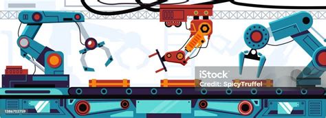 조립 라인입니다 로봇 손과 유압 조작장치로 컨베이어를 제조합니다 산업용 자동 장비 공장 전자 메커니즘 벡터 자동화 된 생산 공정 갈고리 발톱에 대한 스톡 벡터 아트 및 기타