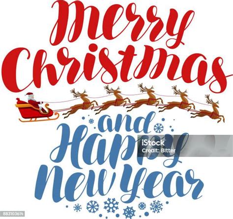 기쁜 성 탄과 새 해 복 많이 받으세요입니다 산타 클로스 순 록에 의해 썰매 타기 글자를 손으로 벡터 일러스트 레이 션 12월에 대한 스톡 벡터 아트 및 기타 이미지