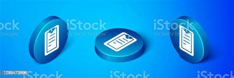 파란색 배경에서 격리된 체크리스트 아이콘이 있는 Isometric 클립보드입니다 컨트롤 목록 기호입니다 설문 조사 또는 설문조사 피드백 양식 파란색 원 버튼입니다 벡터 3