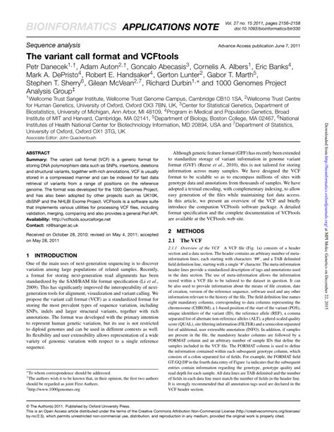 Pdf The Variant Call Format And Vcftools