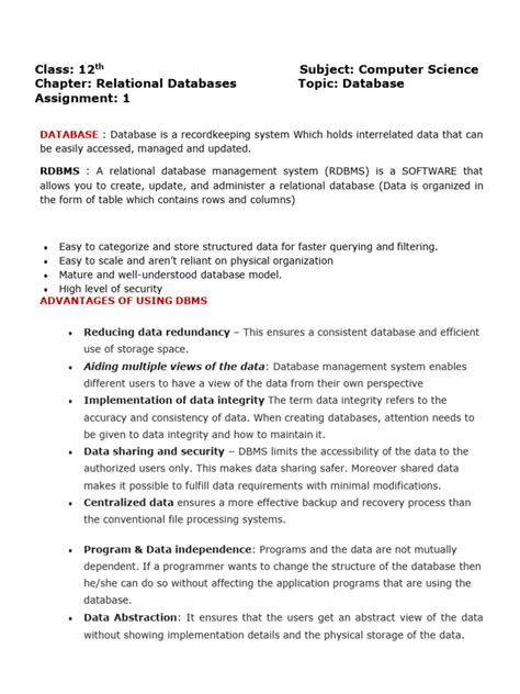 class 12 subject computer science chapter relational databases topic