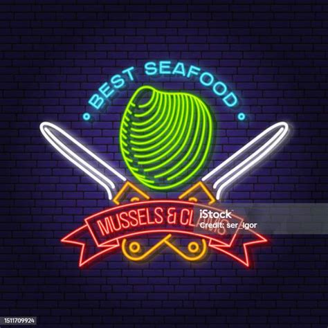 최고의 해산물 신선한 홍합과 조개 네온사인 벡터 해산물 엠블럼 간판 패치 셔츠 메뉴 레스토랑 수산 시장 상점 네온사인 밝은 간판 조명 배너 갈고리 발톱에 대한 스톡 벡터