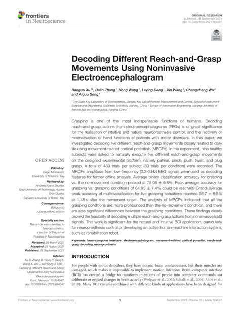 Pdf Decoding Different Reach And Grasp Movements Using Noninvasive