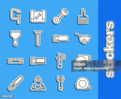세트 라인 룰렛 구조 전기 원형 톱 수레 렌치 스패너 금속 나사 퍼티 나이프 클램프 및 도구 및 손 아이콘 벡터 0명에 대한 스톡 벡터 아트 및 기타 이미지 Istock