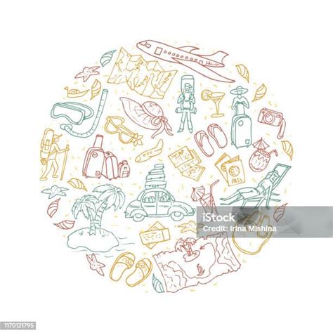 원 모양의 여행 손으로 그린 낙서 격리된 일러스트레이션 가방에 대한 스톡 벡터 아트 및 기타 이미지 가방 관광 관광객 Istock