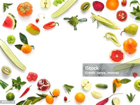 각종 야채 및 과일 흰색 배경 평면도 평면 레이아웃에 고립 0명에 대한 스톡 사진 및 기타 이미지 0명 과일 구도 Istock