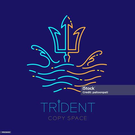 트라이던트 파와 물 얼룩 로고 아이콘 개요 스트로크 설정 트라이던트 텍스트 및 복사 공간와 어두운 파란색 배경에 격리는 대시 선 디자인 일러스트 레이 션 삼지창 창에