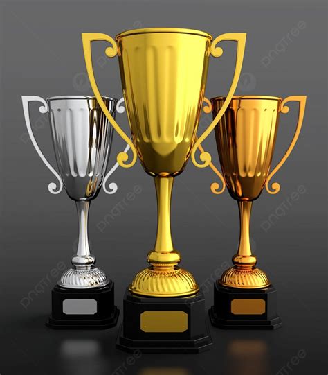 3d Render Of Gold Silver And Bronze Trophy Cups On Black Background