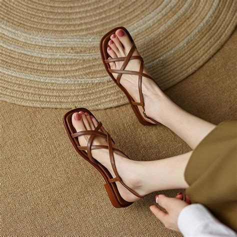Square Toe Cross Strap Flat Sandals Slingback 35 4139 Brown