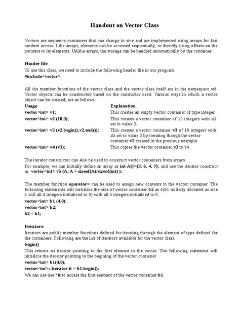 Handout On The C Standard Template Library Vector Class A Comprehensive Guide To Vectors And