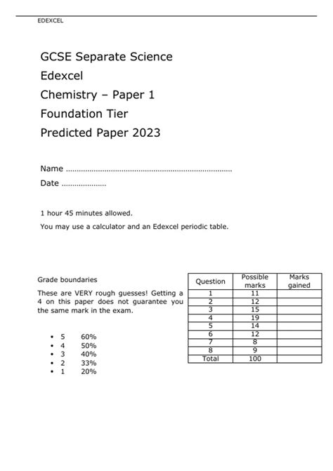 Edexcel Gcse Separate Science Chemistry Paper 1 Foundation Tier Predicted Paper 2023 Questions