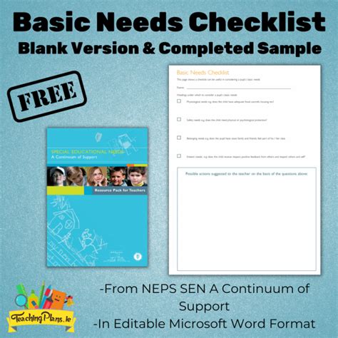 Basic Needs Checklist Teaching Plans Ireland