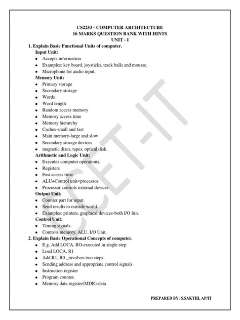 Cs2253 Computer Architecture 16 Marks Question Bank With Hints Unit I 1 Explain Basic
